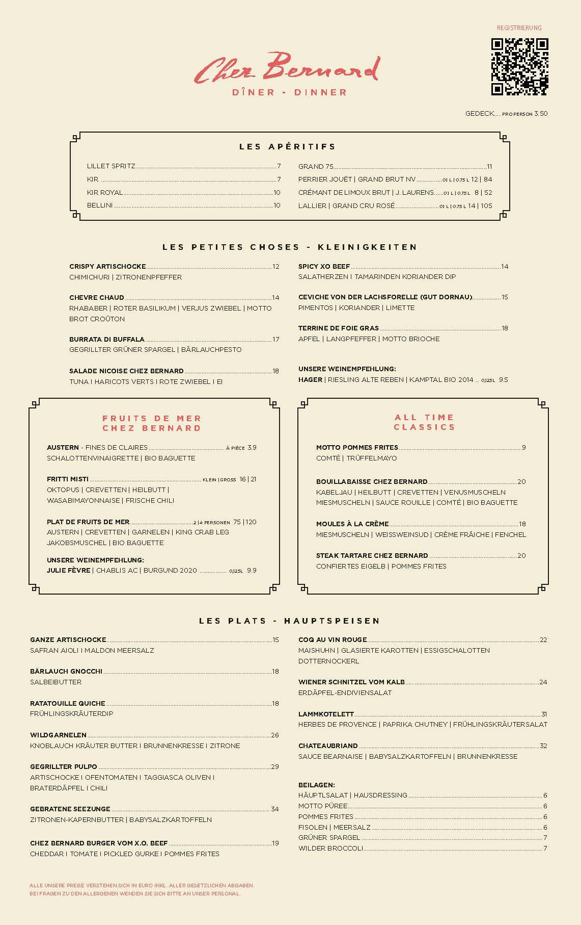 Speisekarte von CHEZ BERNARD Restaurant et Bar, Wien