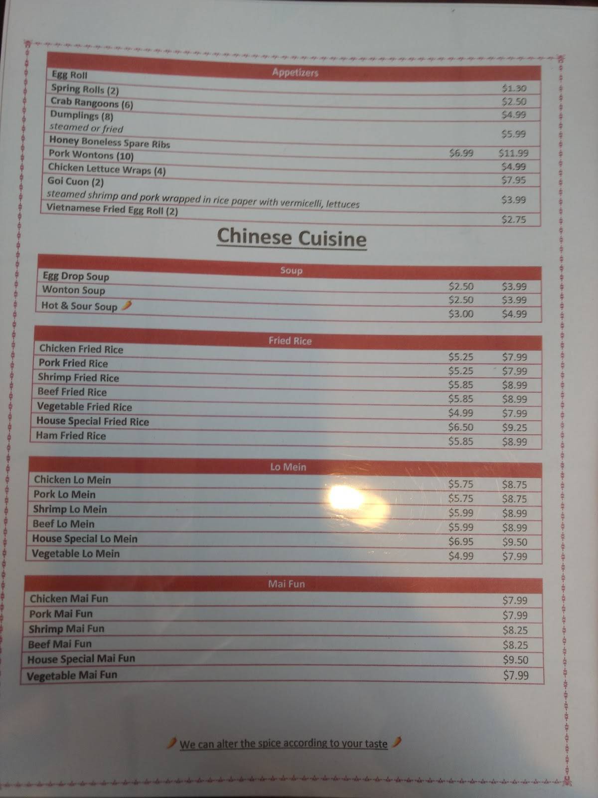 Menu at Vietnam House restaurant, Myrtle Beach
