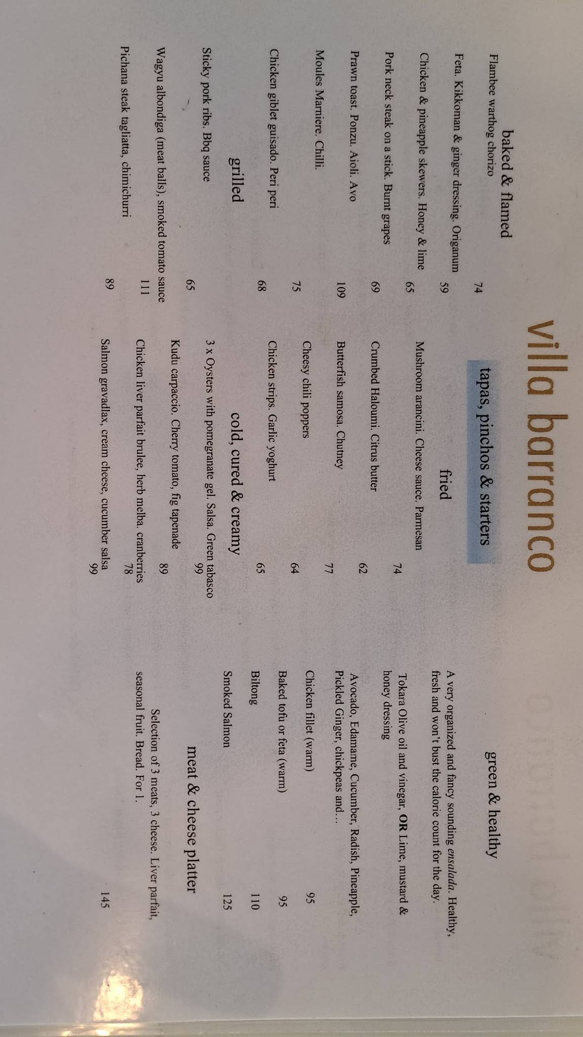 Menu at Villa Barranco, Pretoria