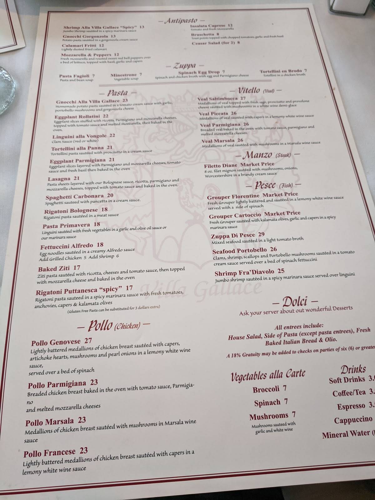 Menu at Villa Gallace restaurant, Indian Rocks Beach