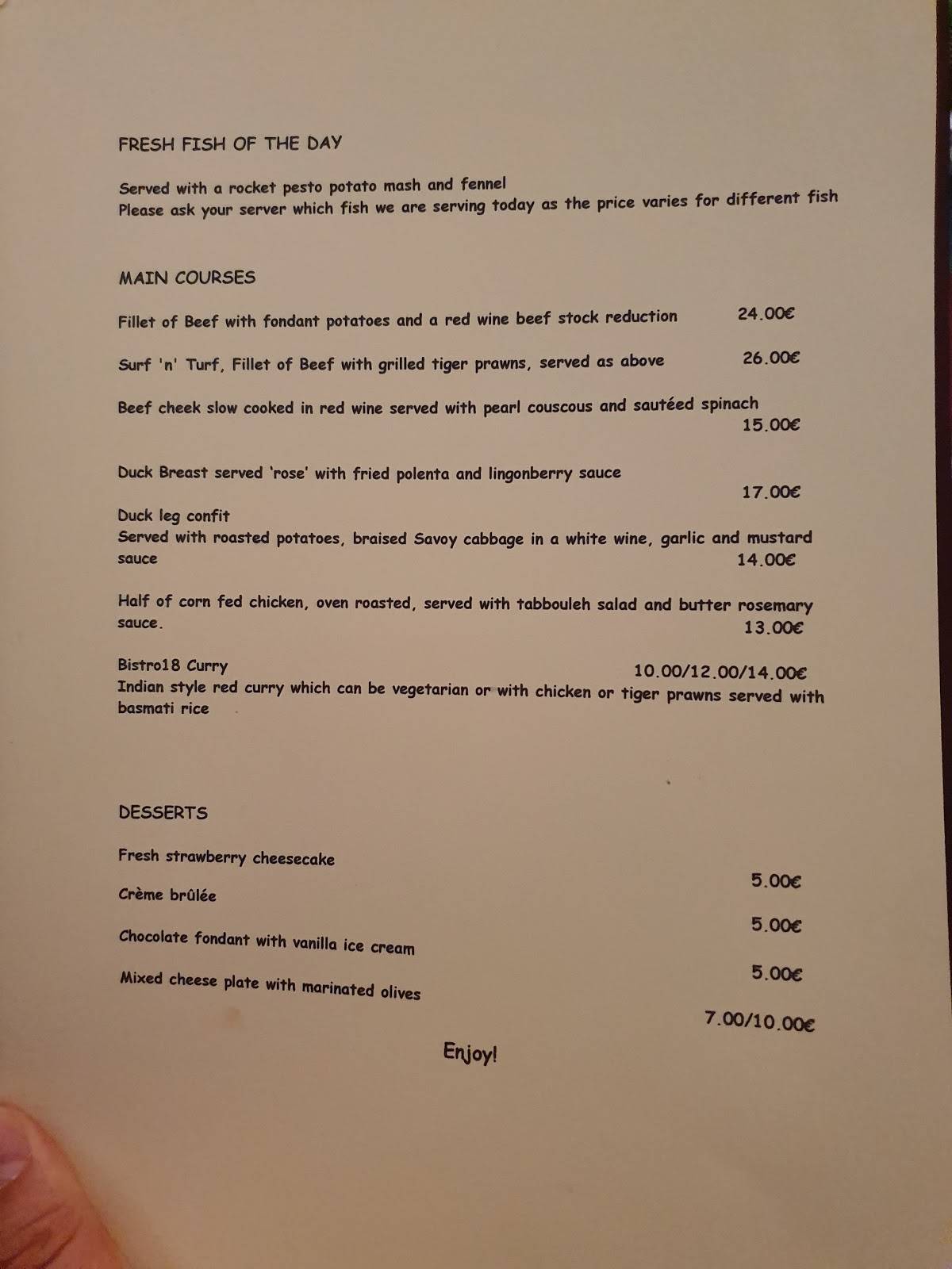 Menu at Bistro 18 restaurant, Vilnius
