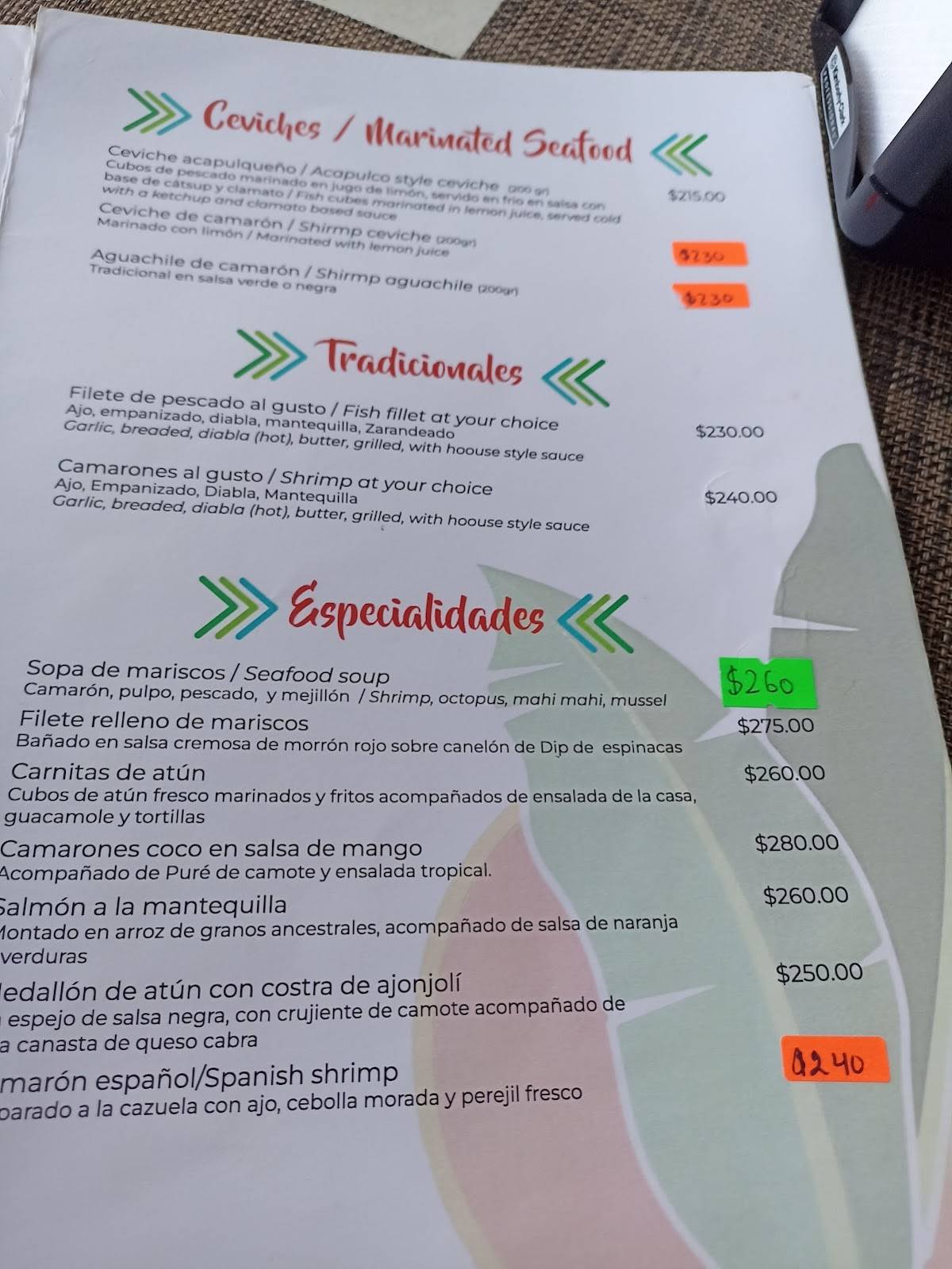 Menu at Vista Guayabitos restaurant, Rincón de Guayabitos