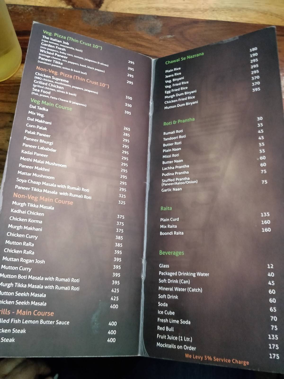 Menu at Volt, Gurugram