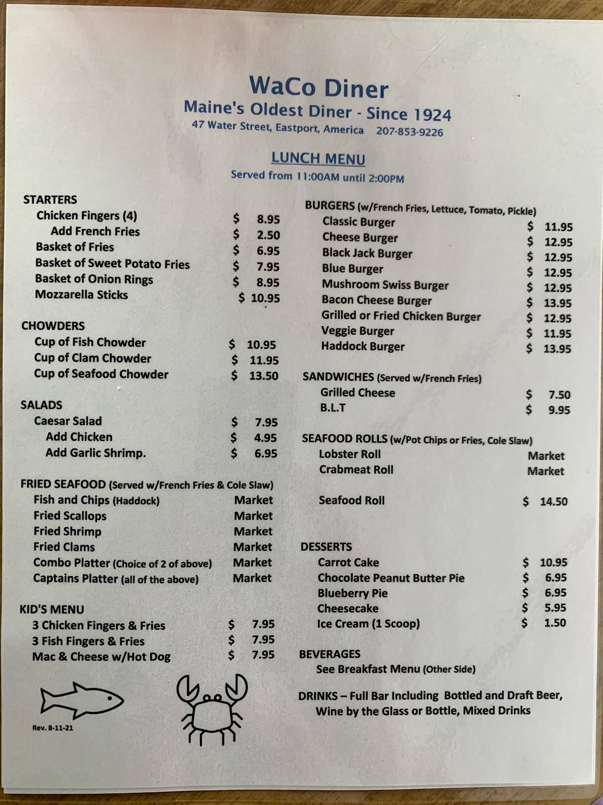 Menu at WaCo Diner restaurant, Eastport