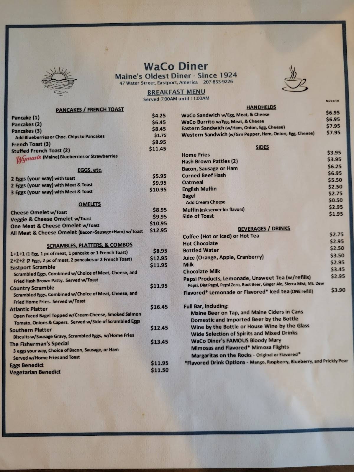 Menu at WaCo Diner restaurant, Eastport