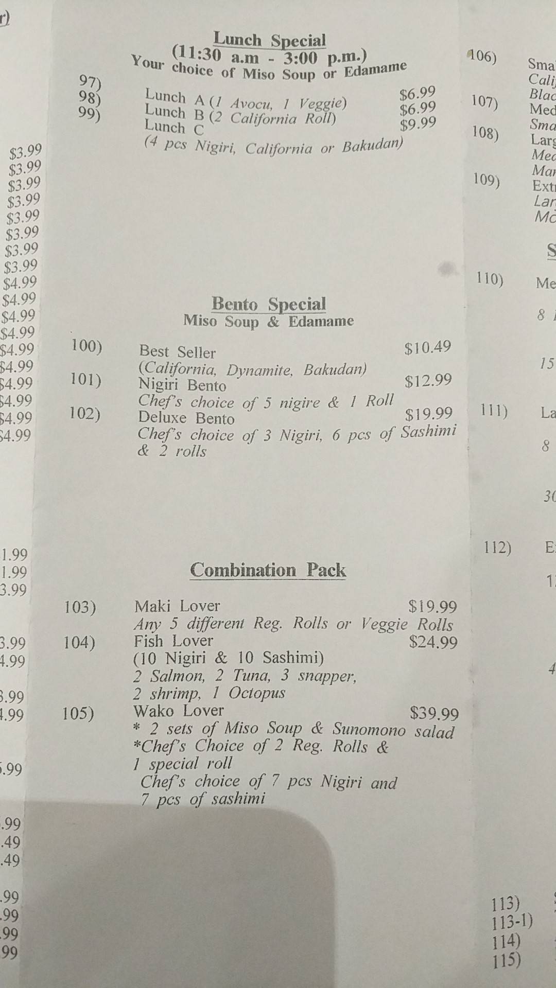 Menu at Wako Sushi Cafe, Winnipeg