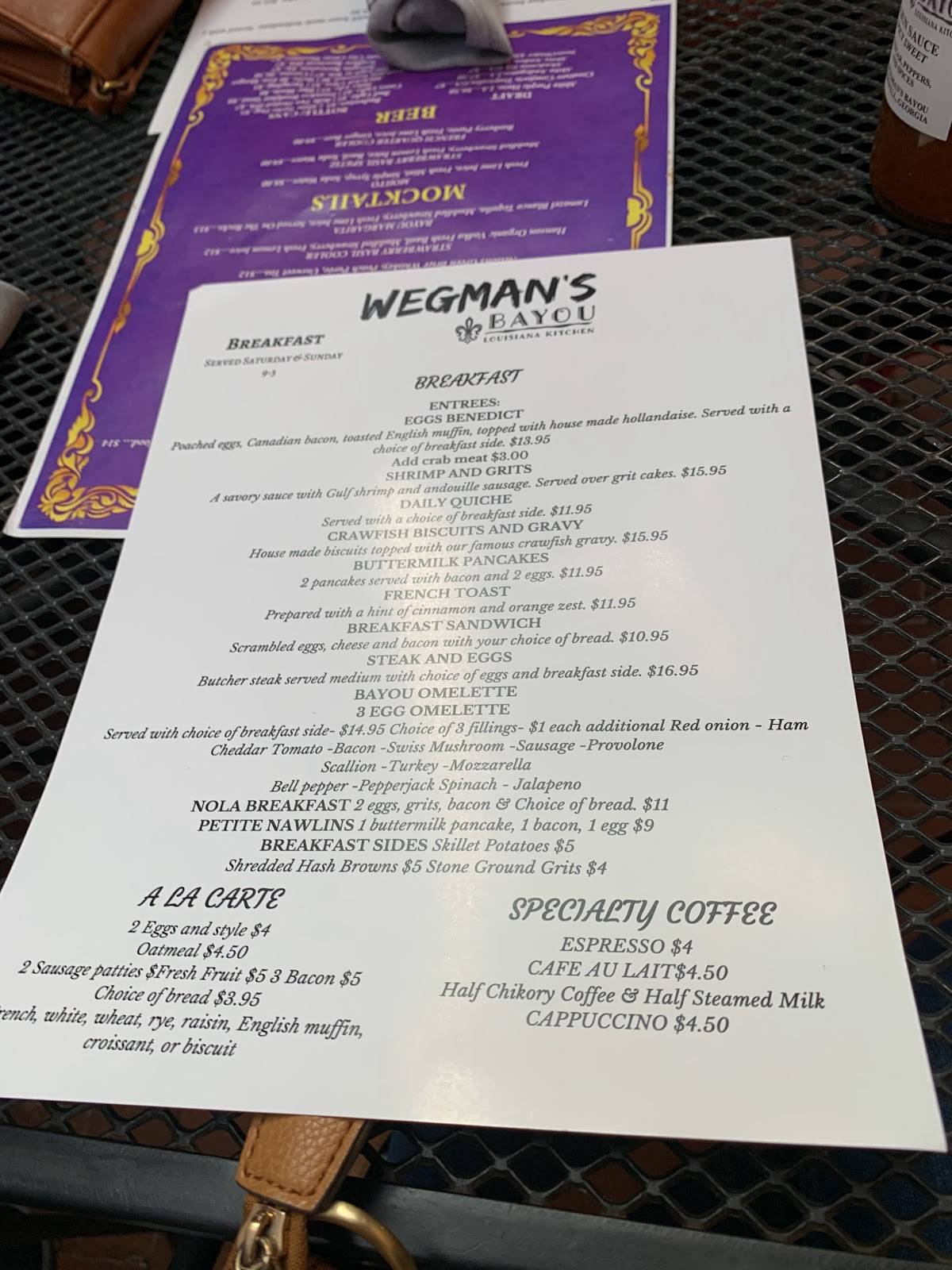 Menu at Wegman's Bayou Louisiana Kitchen restaurant, Roswell