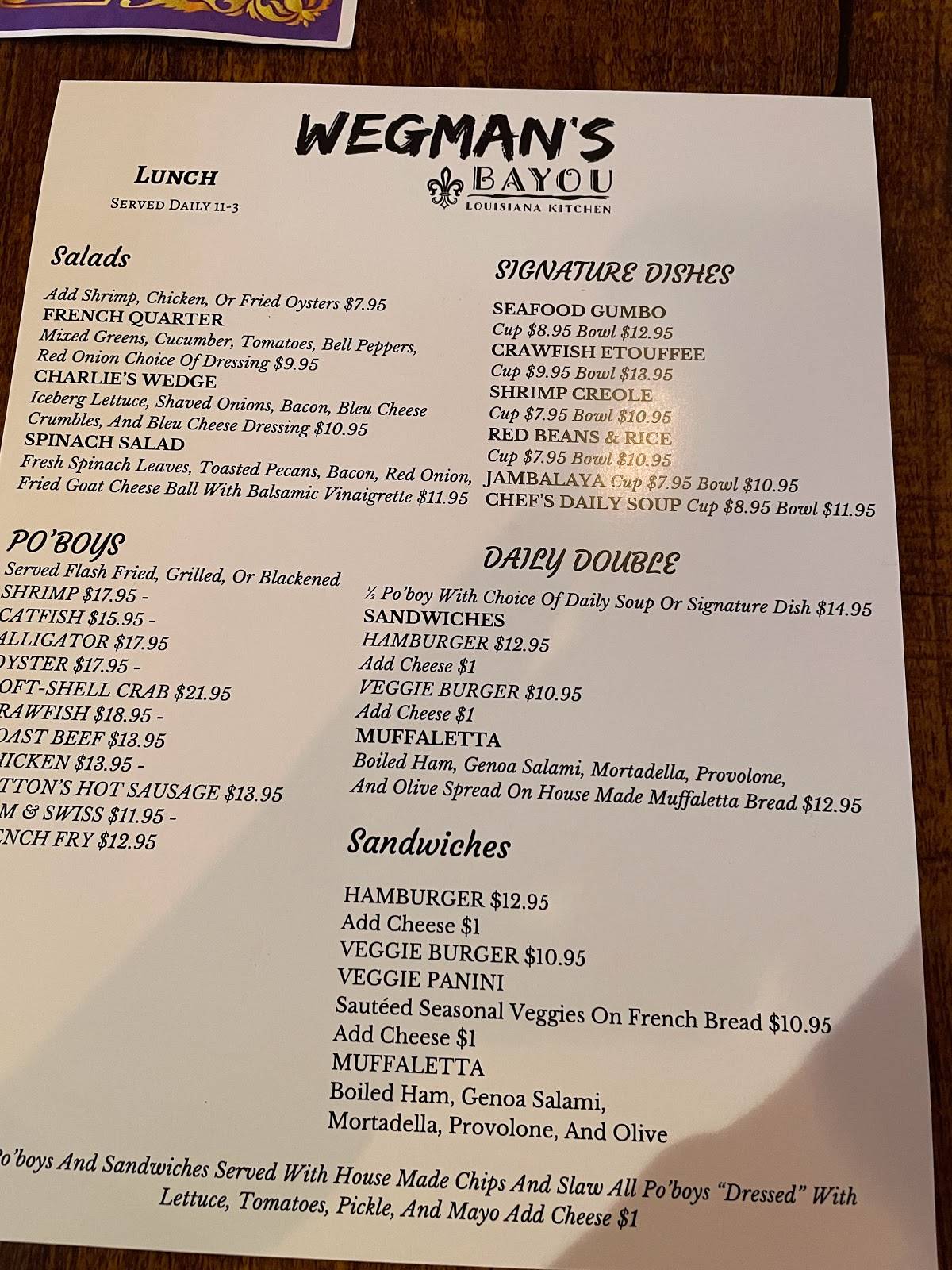 Menu at Wegman's Bayou Louisiana Kitchen restaurant, Roswell