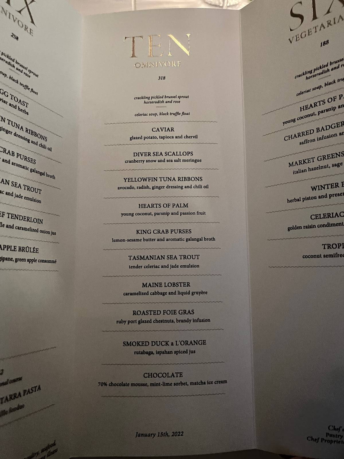 Menu at Jean-Georges restaurant, West New York, 1 Central Park W