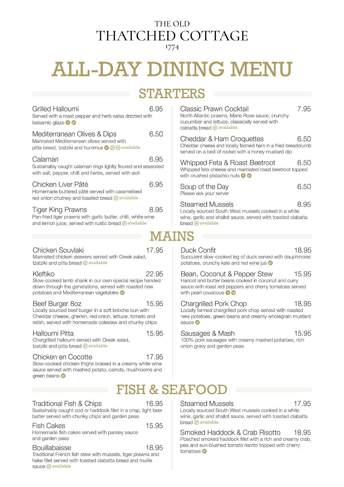 Menu at The Old Thatched Cottage Restaurant, Weston-super-Mare