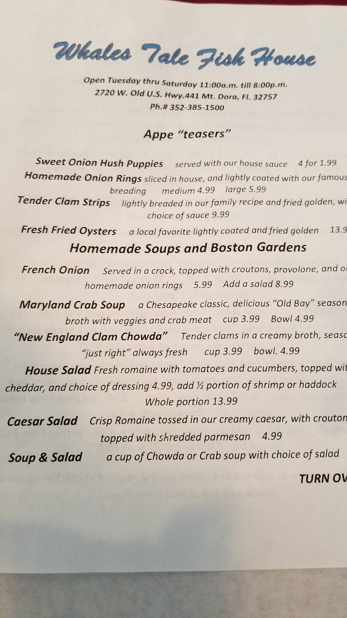 Menu at Whale's Tale Fish House restaurant, Mount Dora