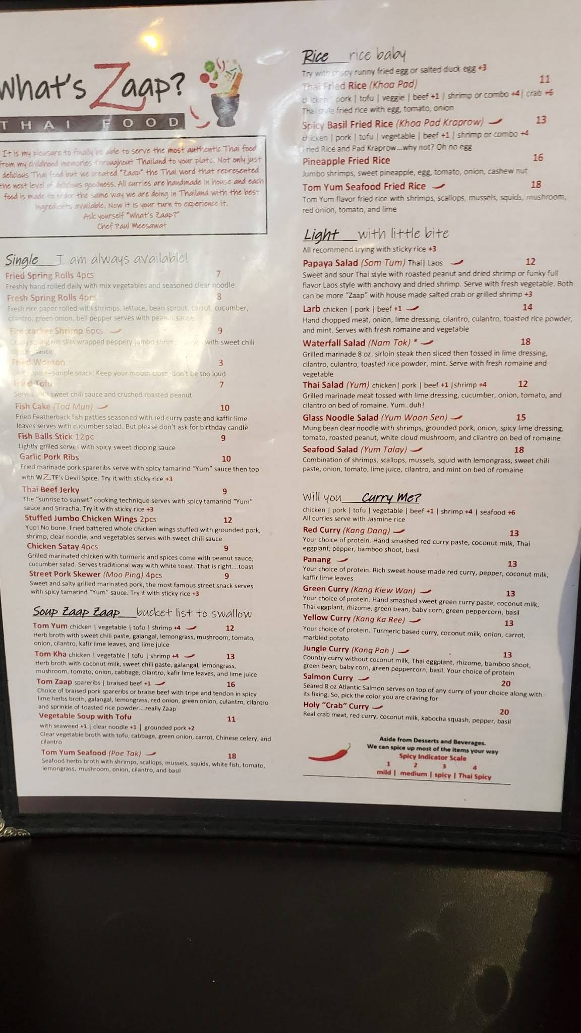 Menu at What's Zaap? Thai Food restaurant, Las Vegas