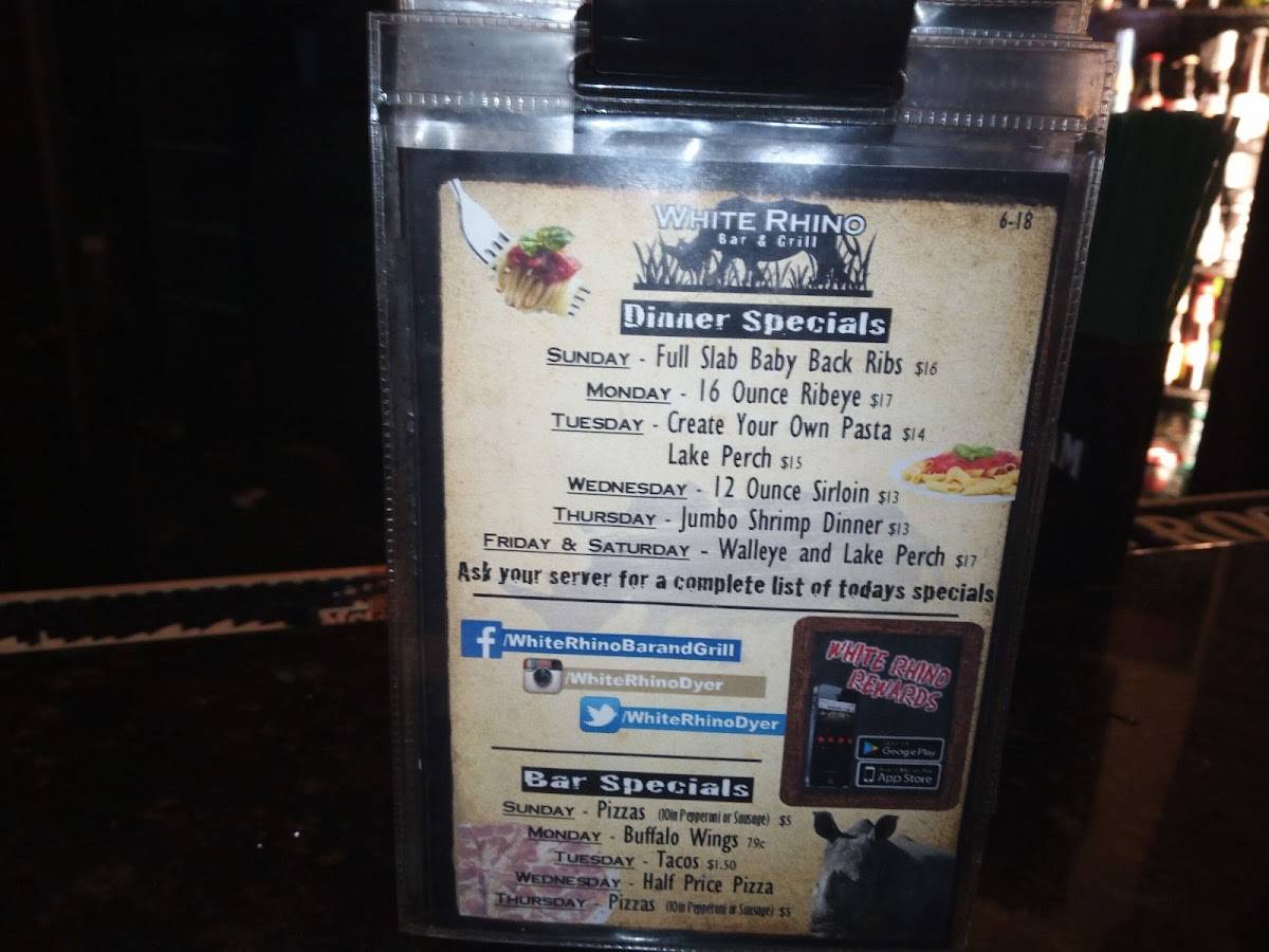 Menu at White Rhino Bar & Grill, Dyer