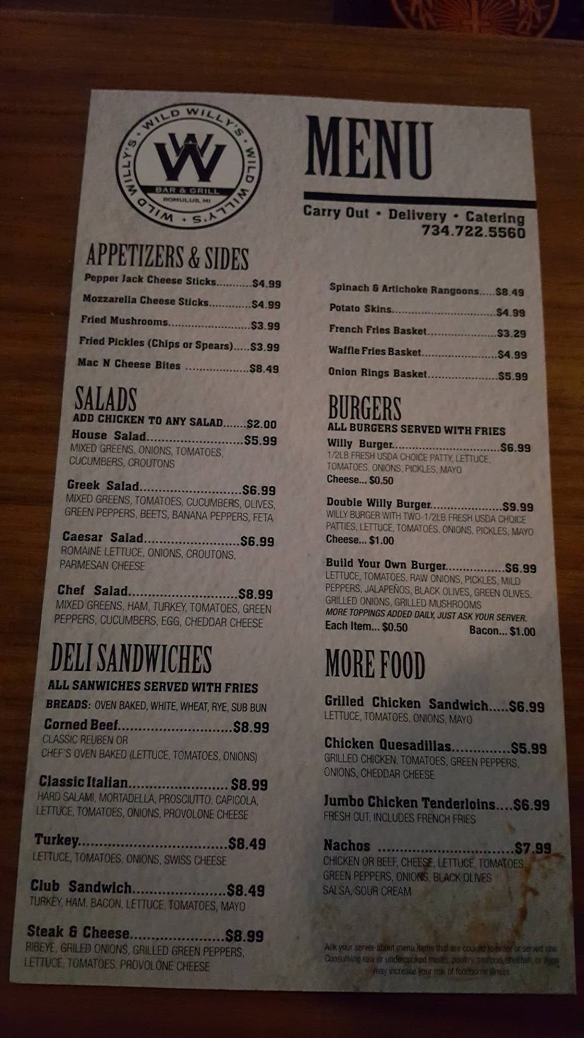 Menu at Wild Willy's Bar & Grill, Romulus