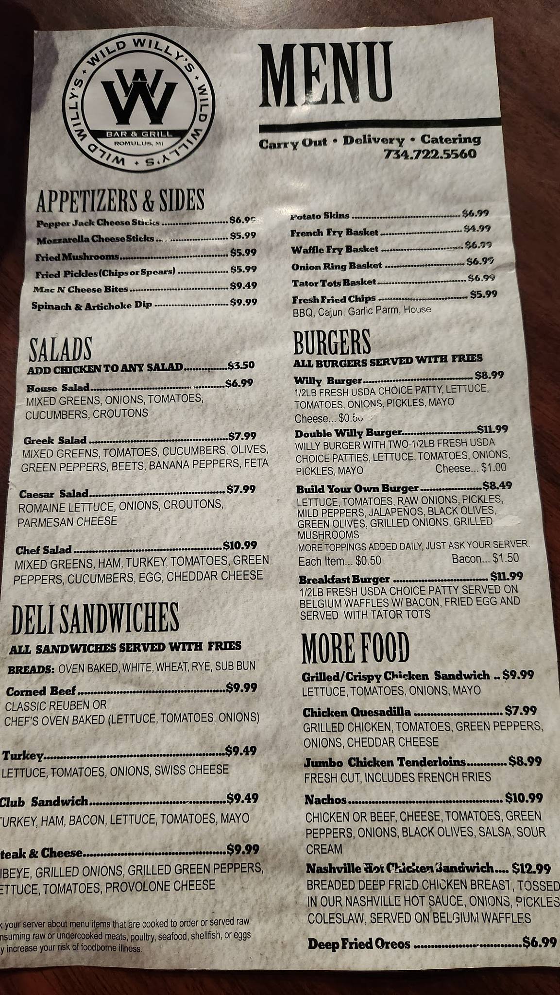 Menu at Wild Willy's Bar & Grill, Romulus
