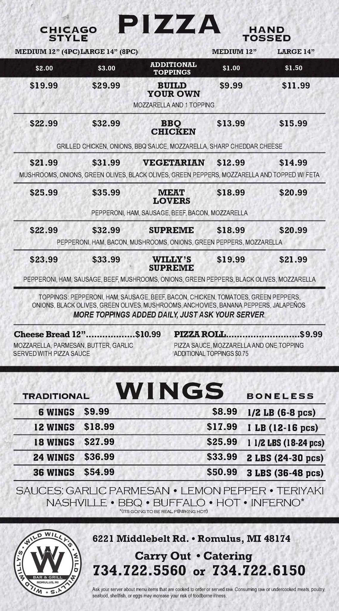 Menu at Wild Willy's Bar & Grill, Romulus