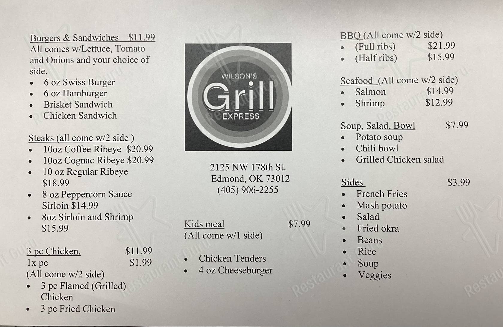 Menu at Wilson’s Grill Express restaurant, Edmond
