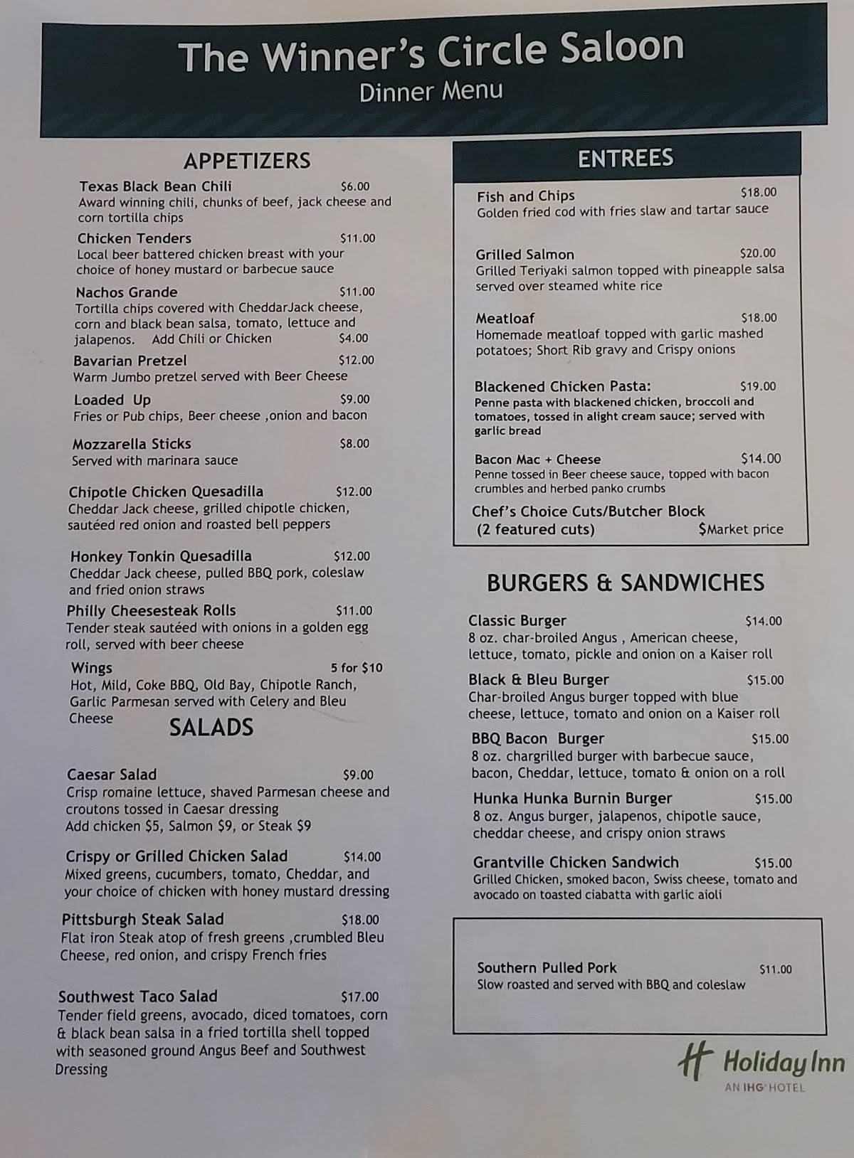 Menu at Winner's Circle Saloon pub & bar, Grantville