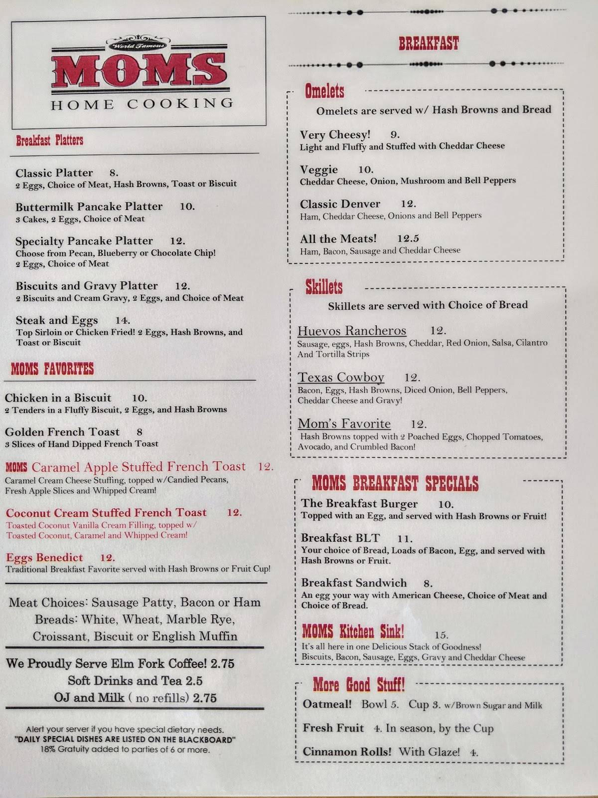 Menu at World Famous MOMS restaurant, Aubrey