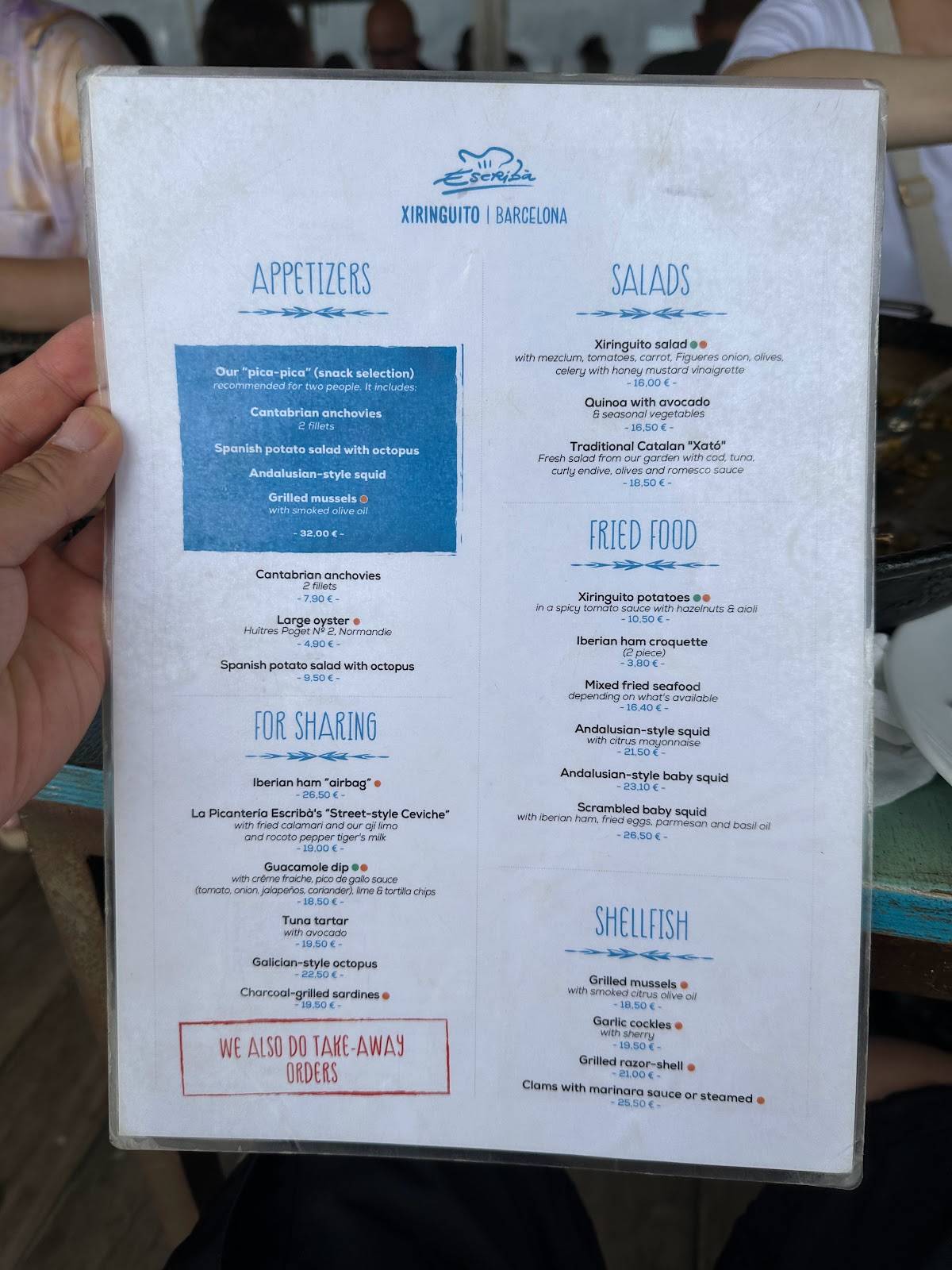 Menu at Xiringuito Escribà restaurant, Barcelona