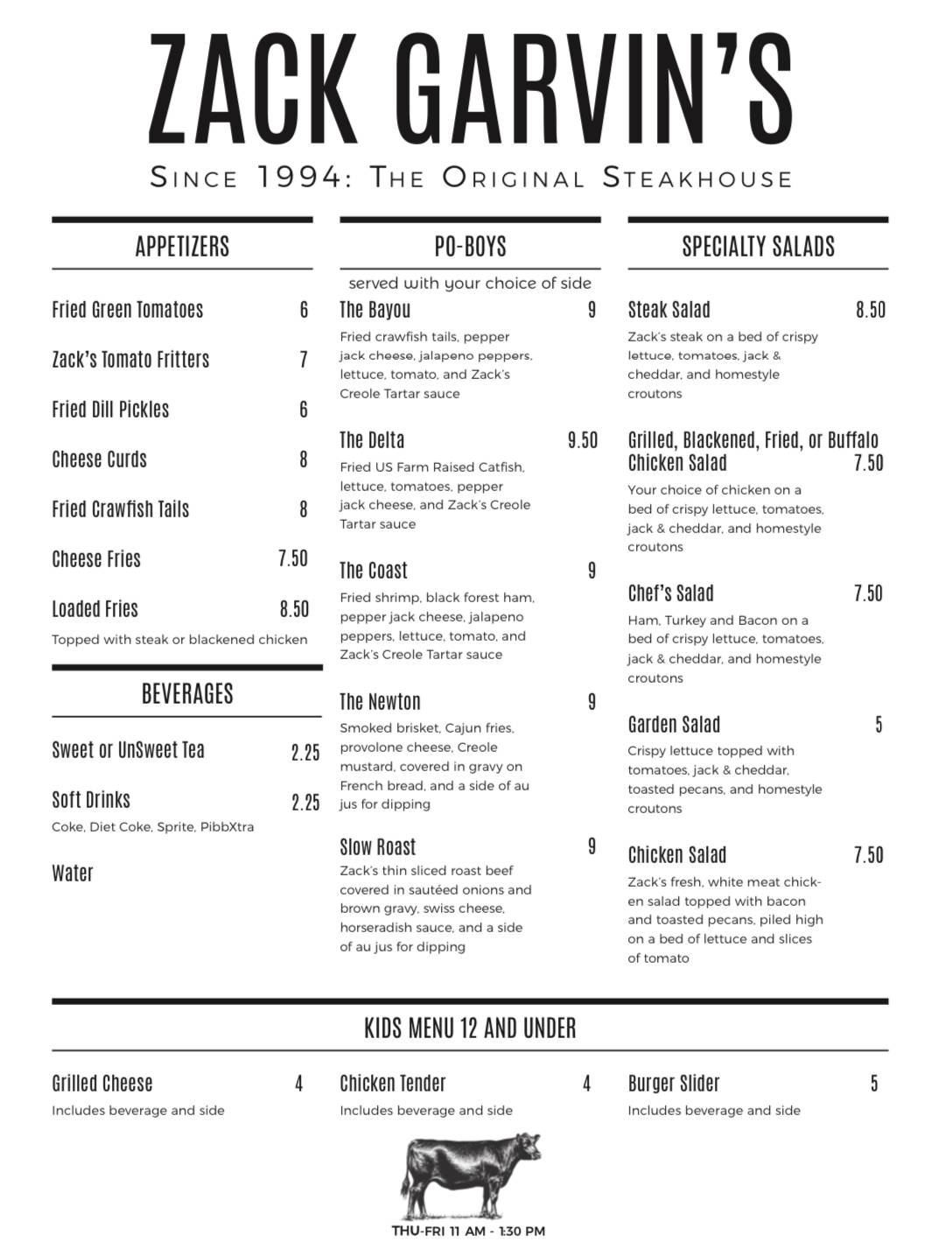 Menu at Zack Garvin’s steakhouse, Newton