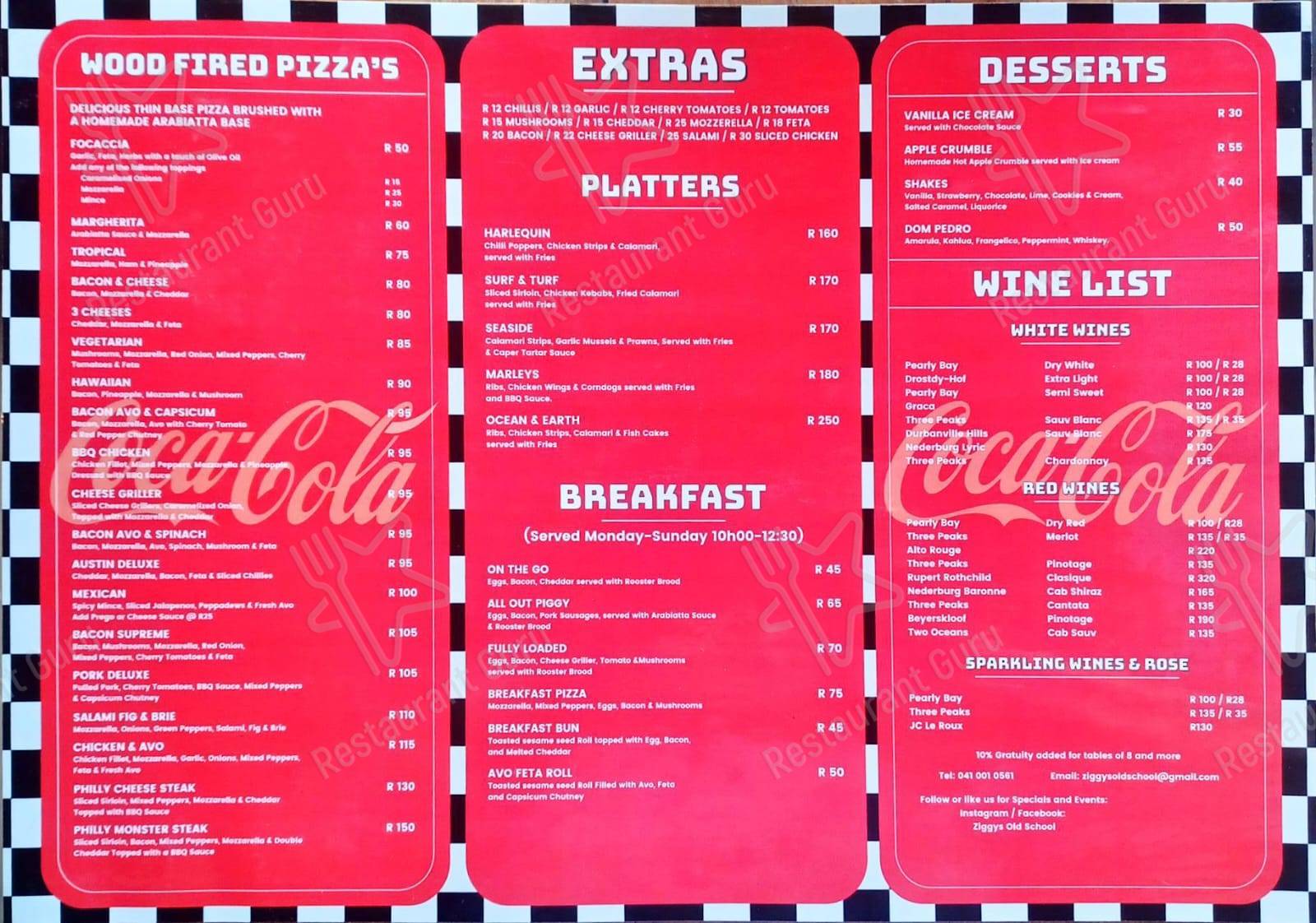 Menu at Ziggy's Old School Pub, Port Elizabeth
