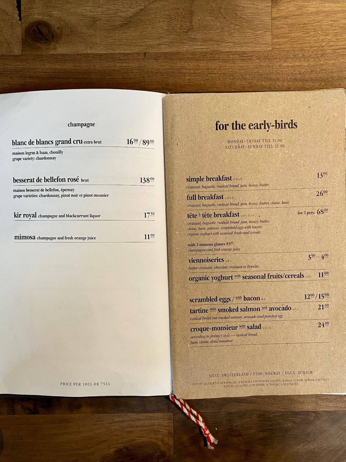 Menu at Franzos Coffee Shop, Zürich