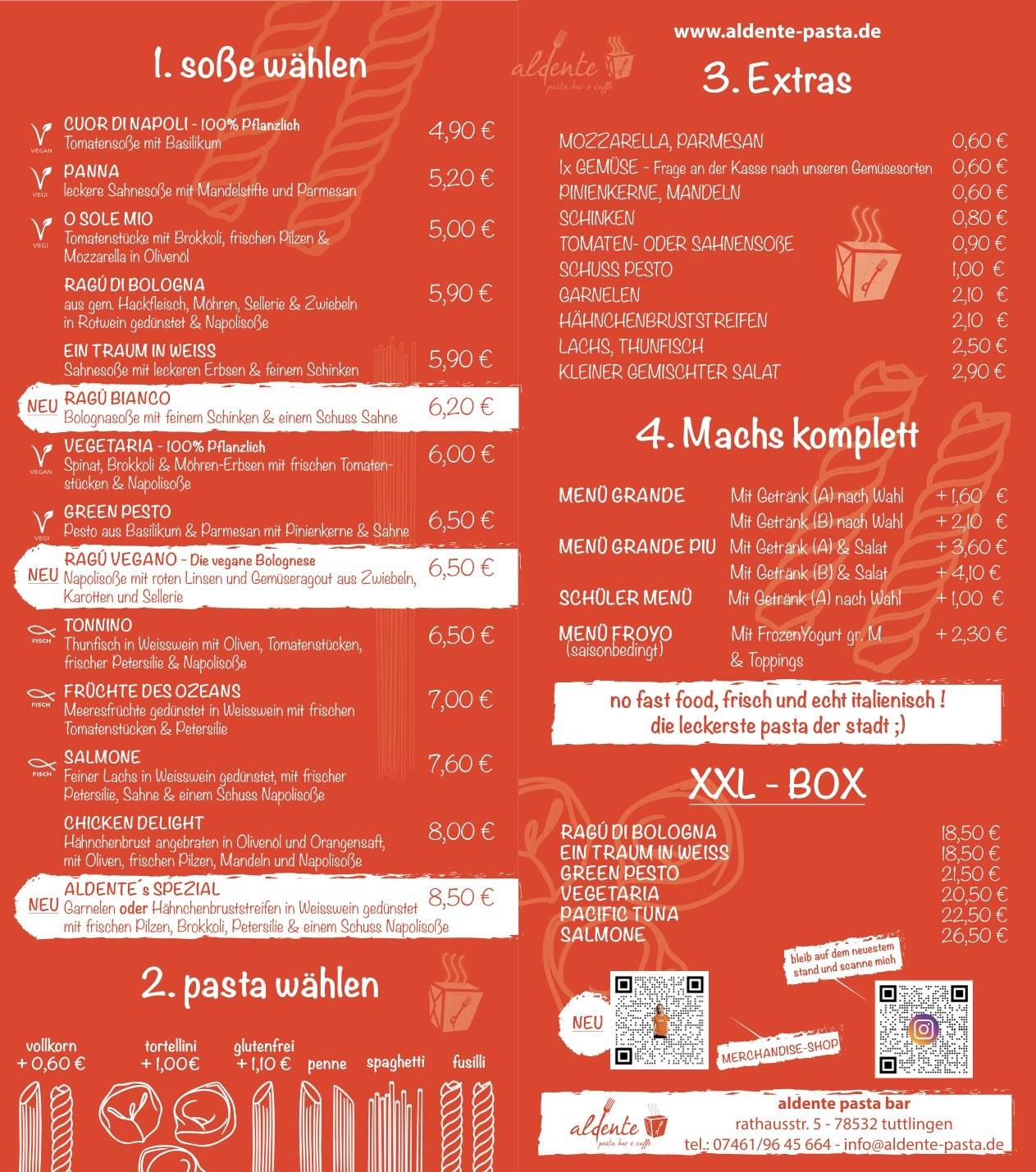 Speisekarte von aldente Pasta Bar, Tuttlingen, Rathausstraße 5