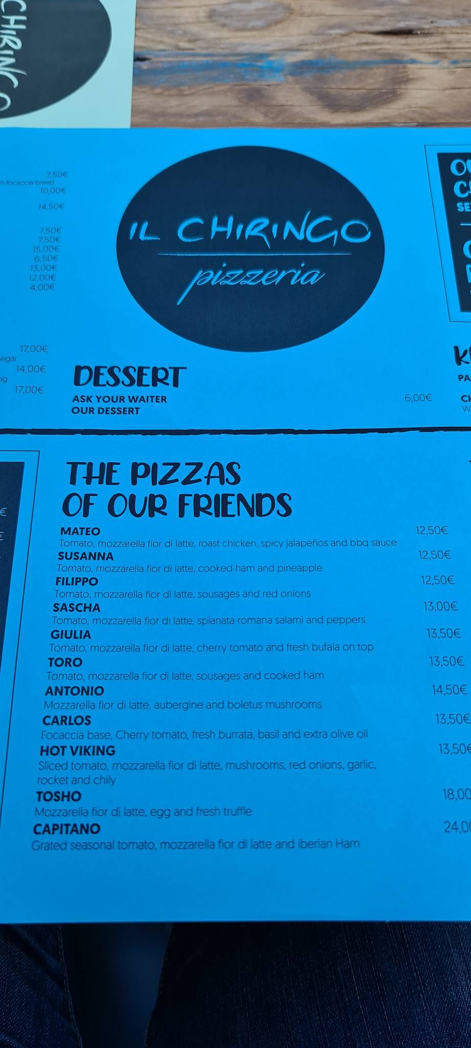 Carta de il chiringo pizzeria, Palmanova