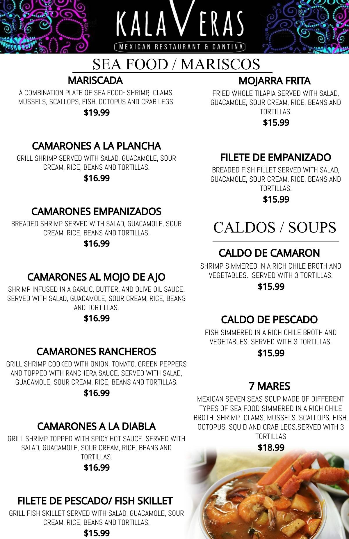 Menu at kalaveras AR restaurant, Springdale