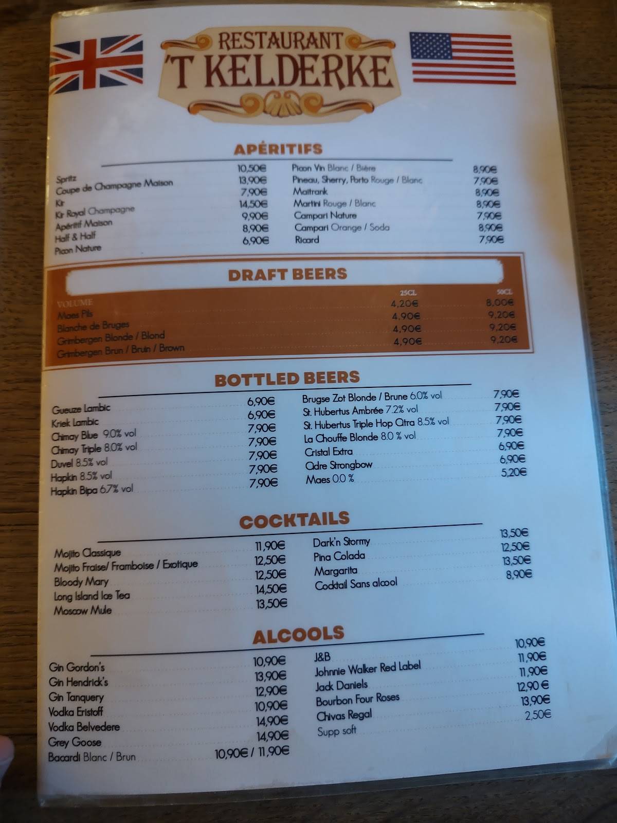 Menu at 't Kelderke, Brussels