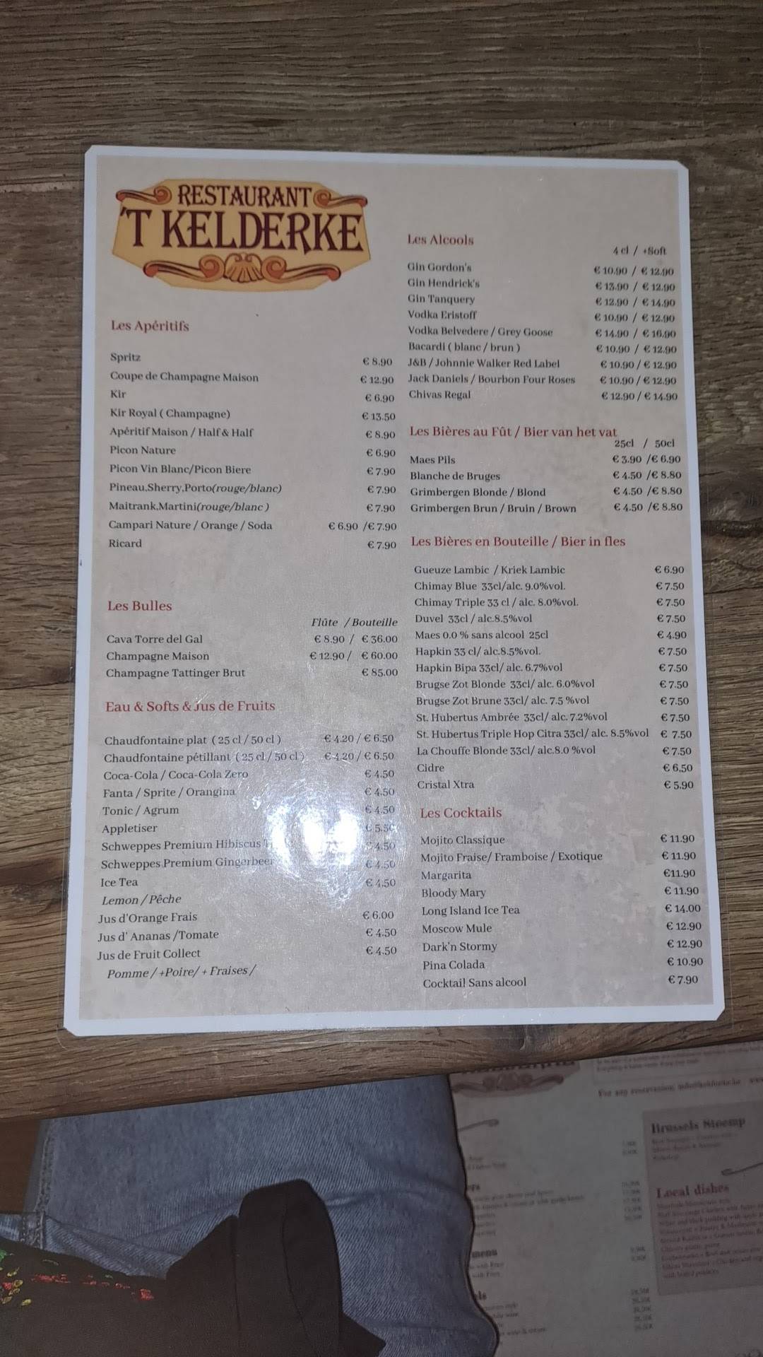 Menu at 't Kelderke, Brussels