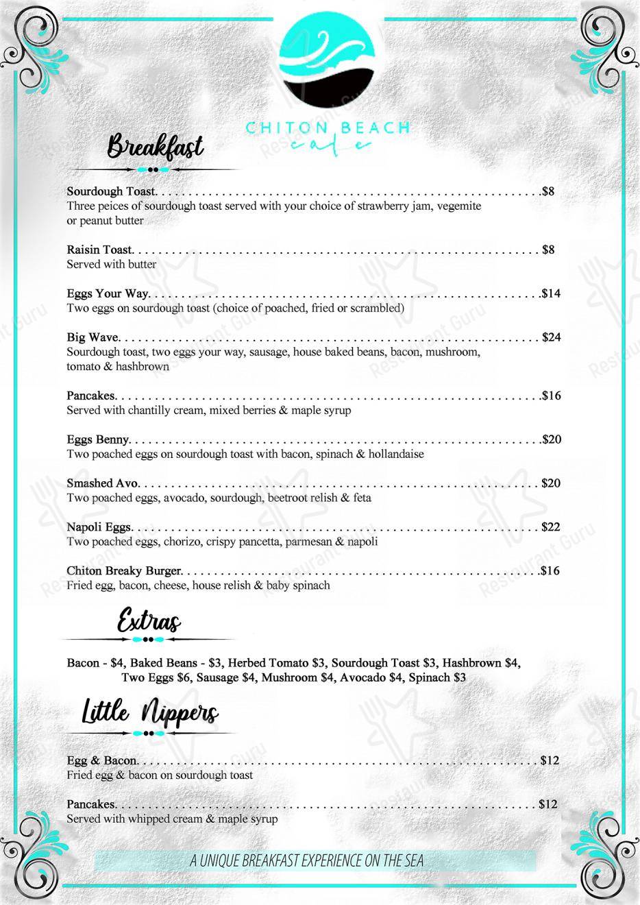 Menu at The chiton beach cafe, Hayborough