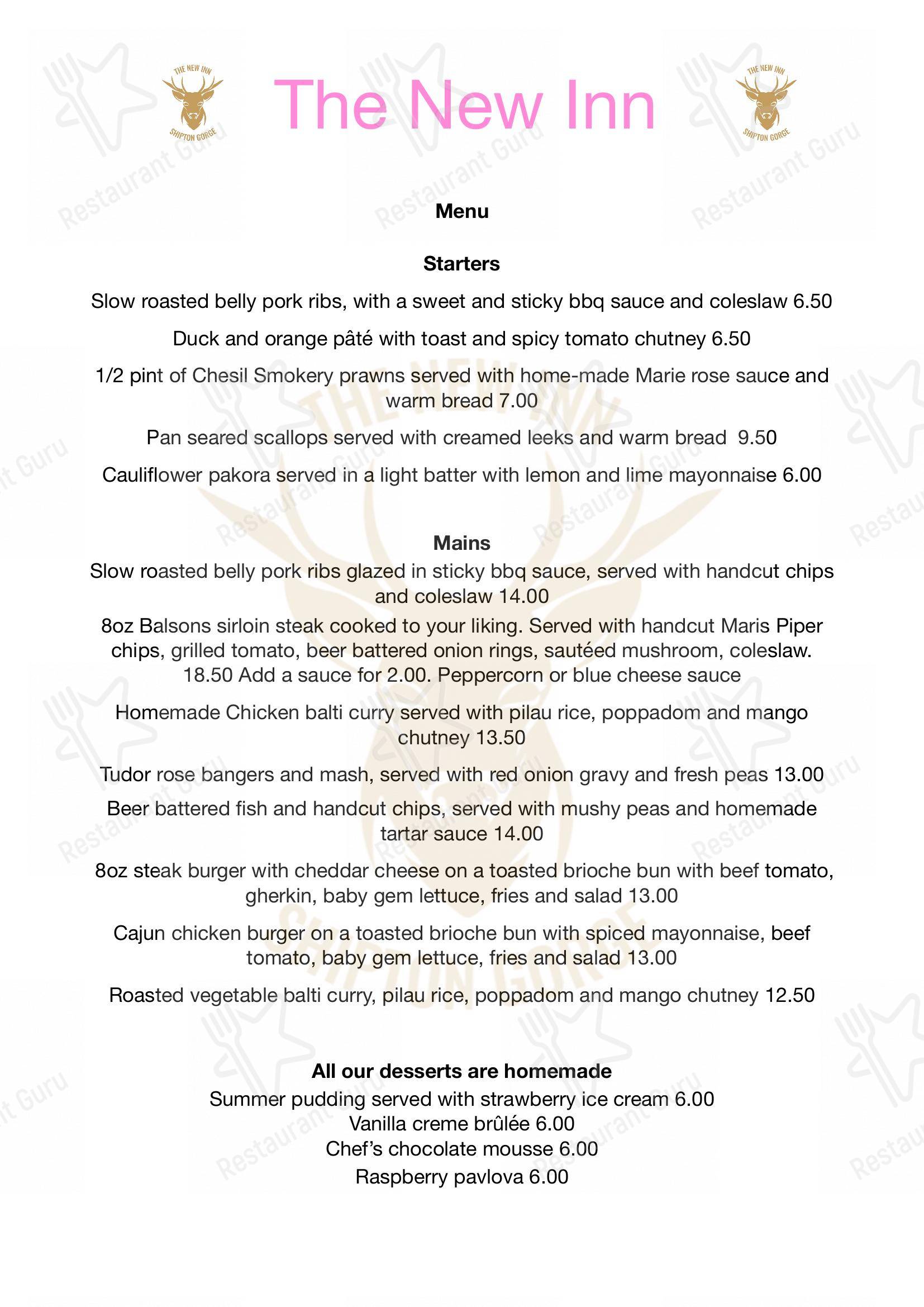 Menu at The New Inn pub & bar, Shipton Gorge, Shipton Rd