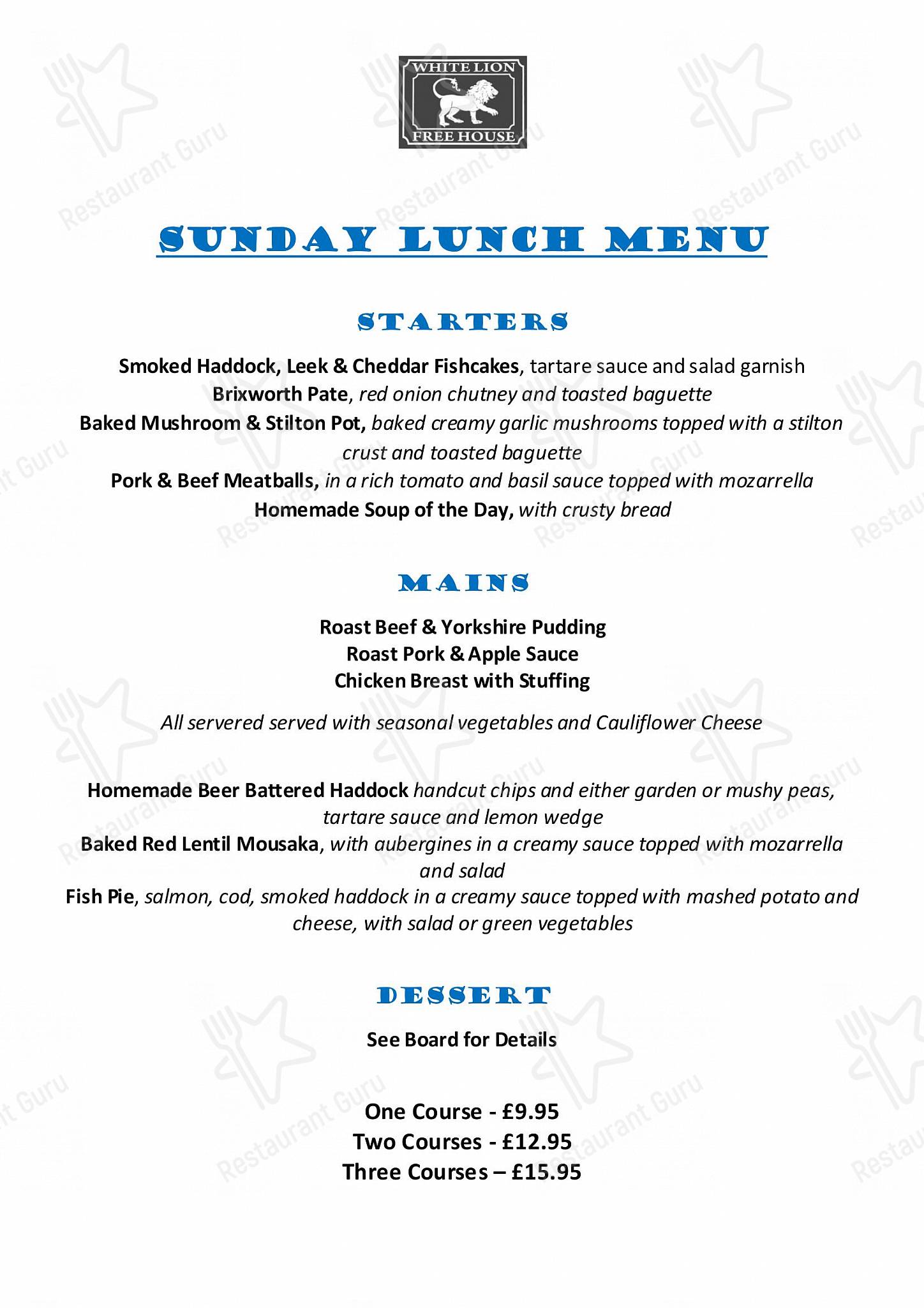 Menu at White Lion Pub, North Kilworth
