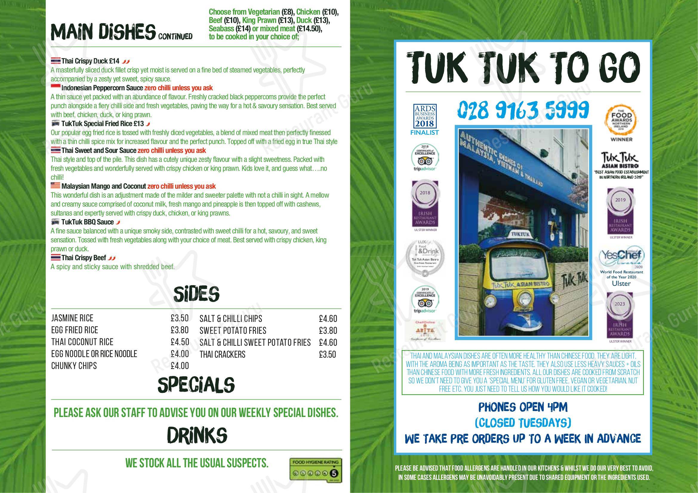 Menu at Tuk Tuk Asian Bistro restaurant, Newtownards