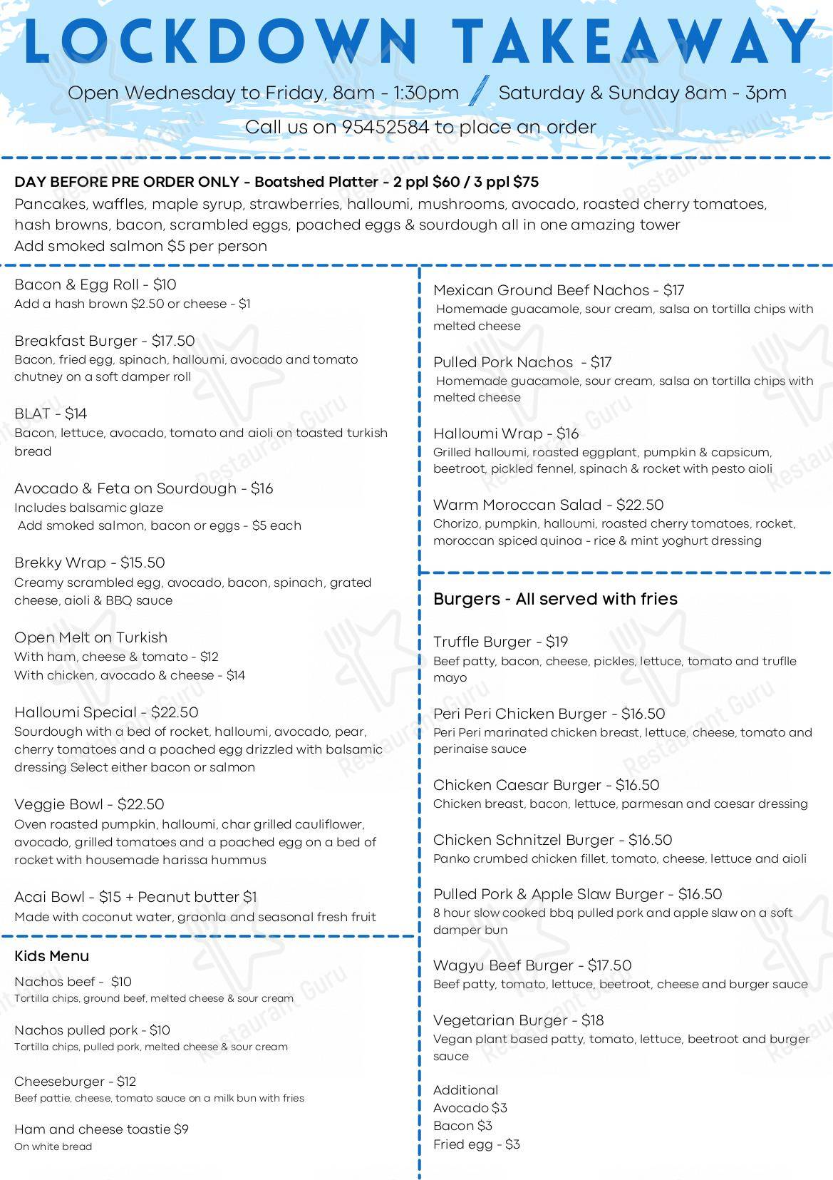 Menu at The Boatshed Woronora cafe, Woronora