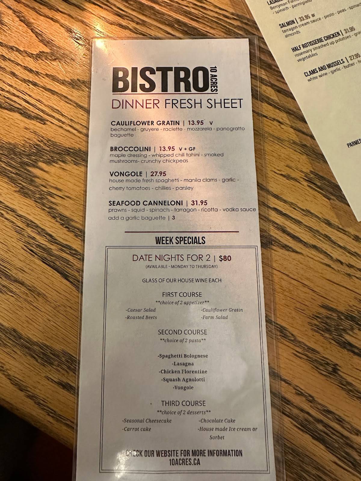 Menu at 10 Acres Bistro restaurant, Victoria