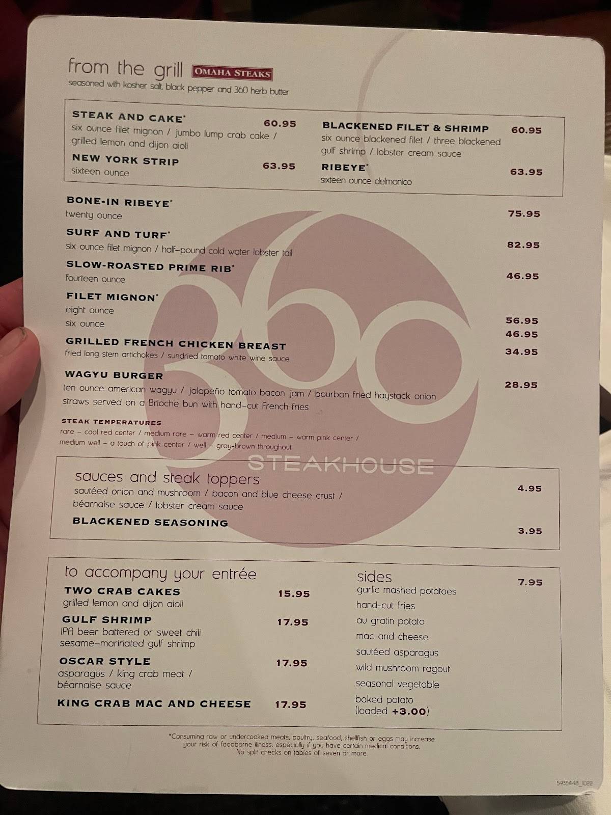 Menu at 360 Steakhouse, Council Bluffs