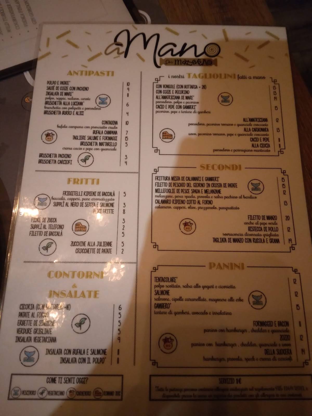 Menu da “A MANO” der Mattarello ristorante, Roma