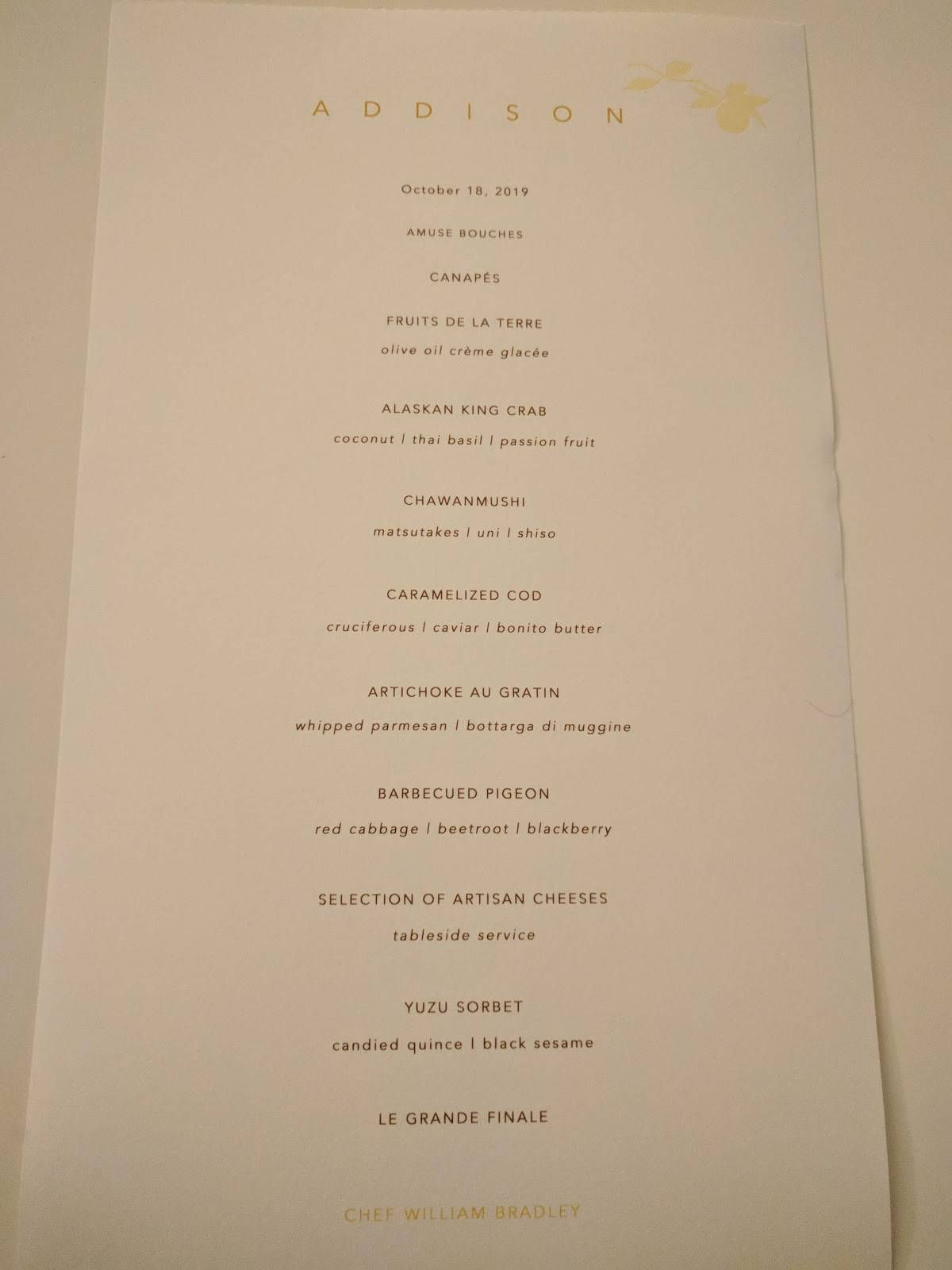 Menu at ADDISON restaurant, San Diego