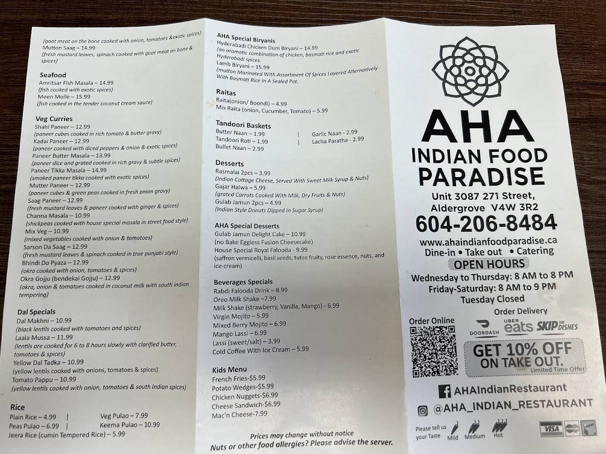 Menu au AHA Indian Food Paradise restaurant, Langley