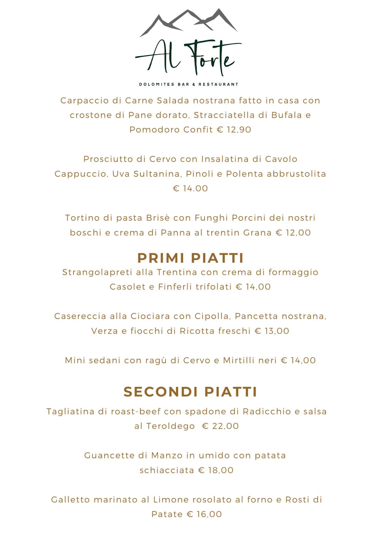 Menu da Al Forte Dolomites - Restaurant & Bar, Madonna di Campiglio