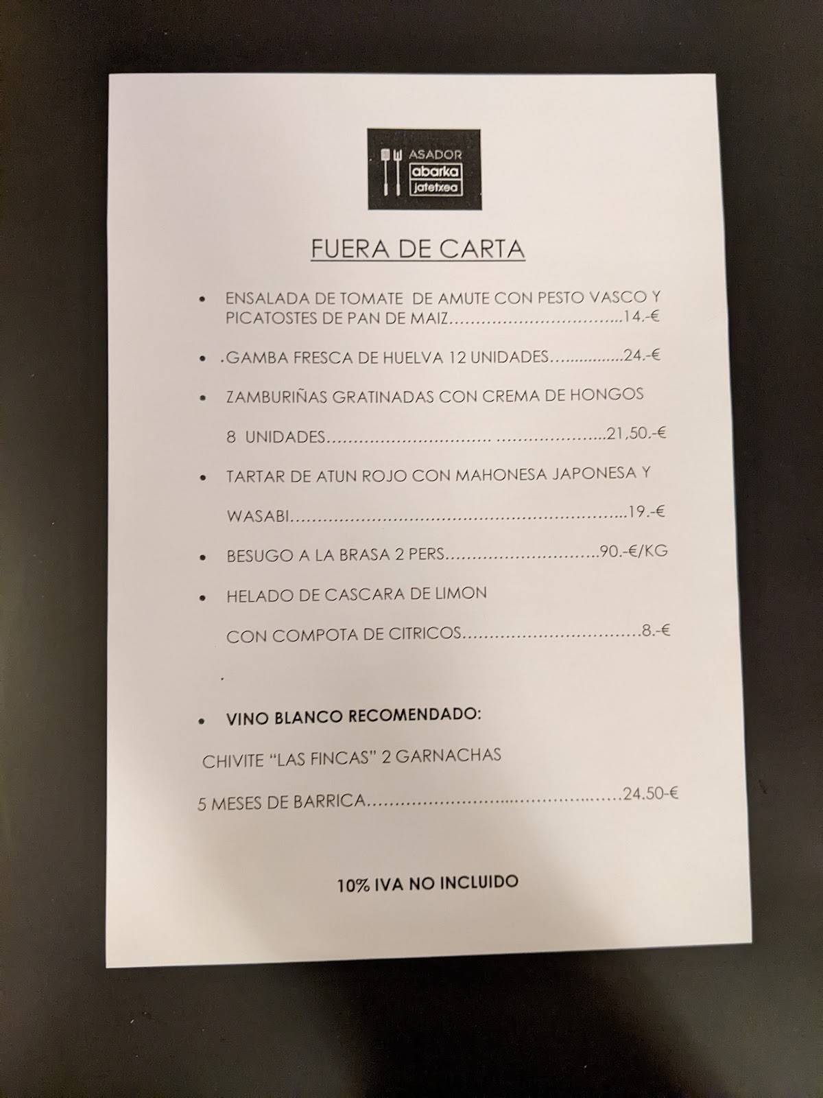 Carta de Abarka Jatetxea, Fuenterrabía