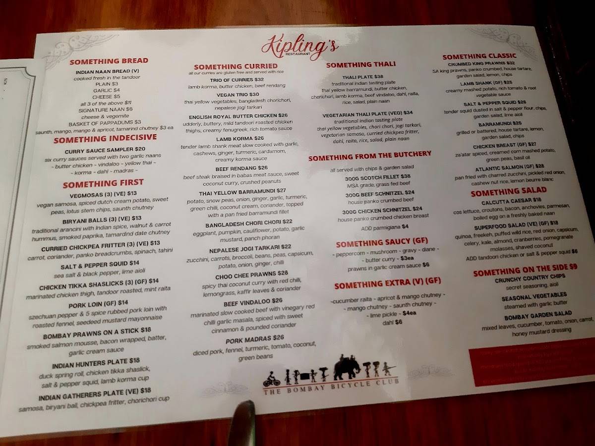 Menu at Bombay Bicycle Club, Ovingham, 29 Torrens Rd