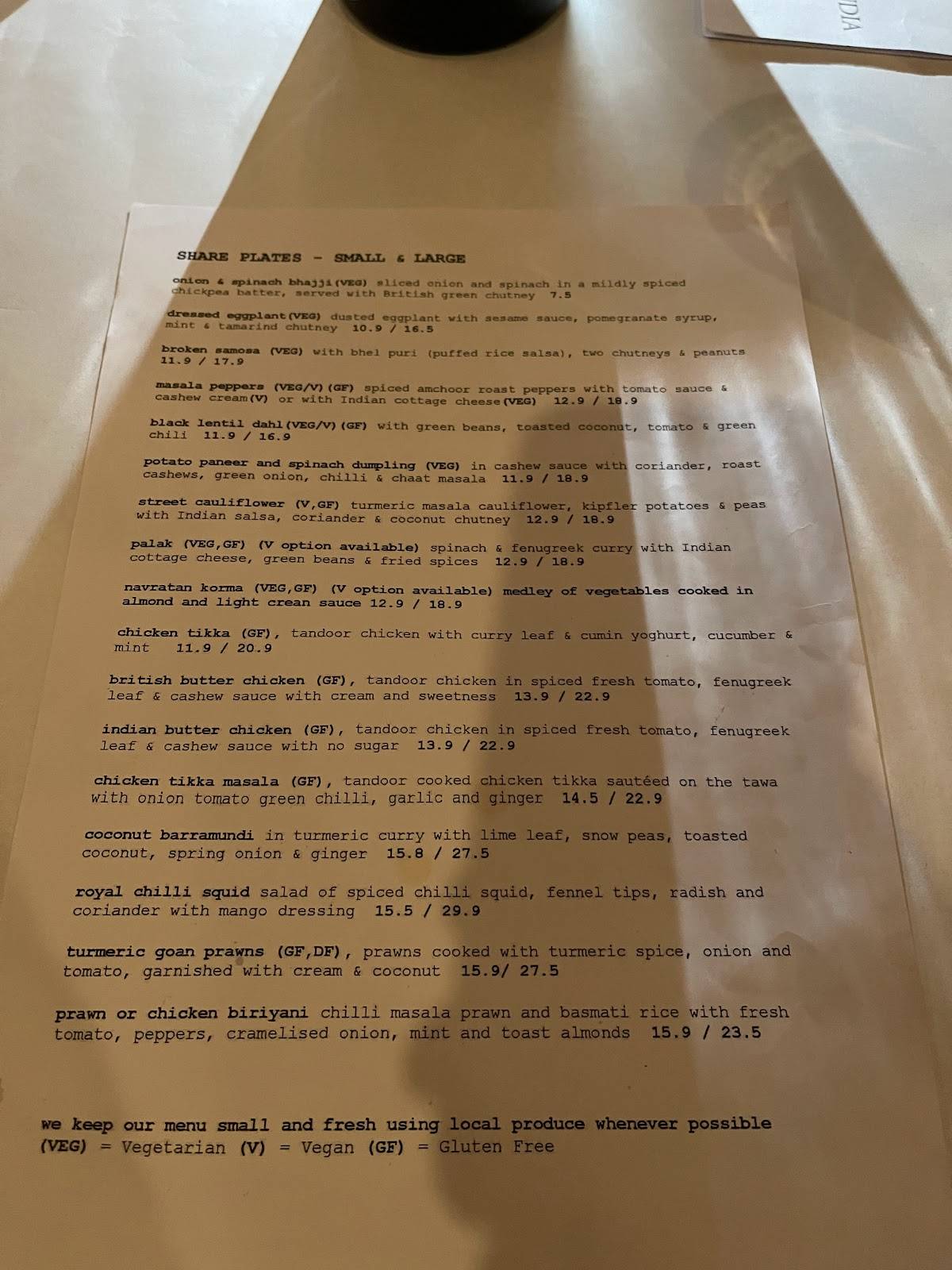 Menu at British India restaurant, Plympton, 235 Anzac Hwy