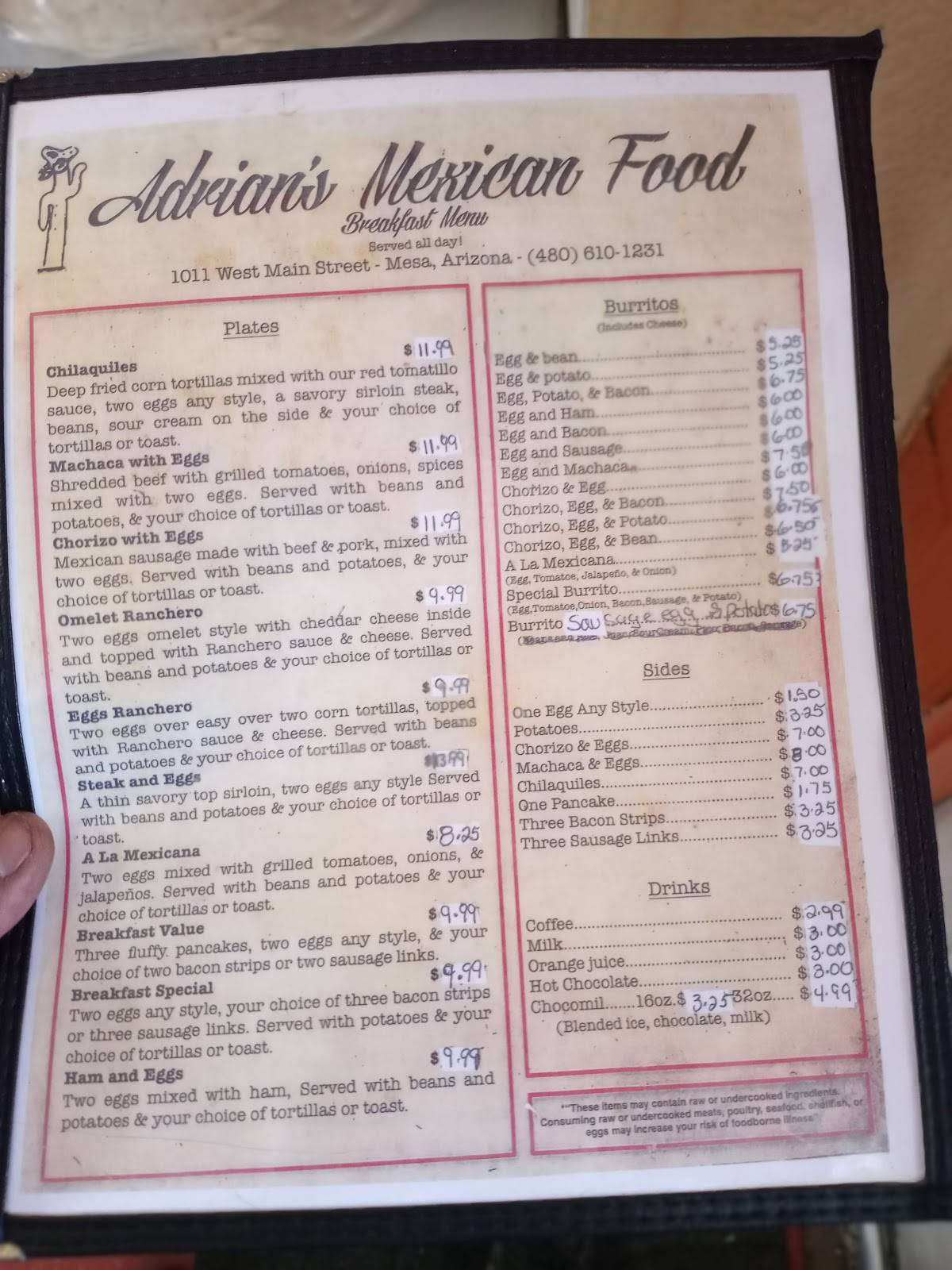 Menu at Adrian's #2 restaurant, Mesa