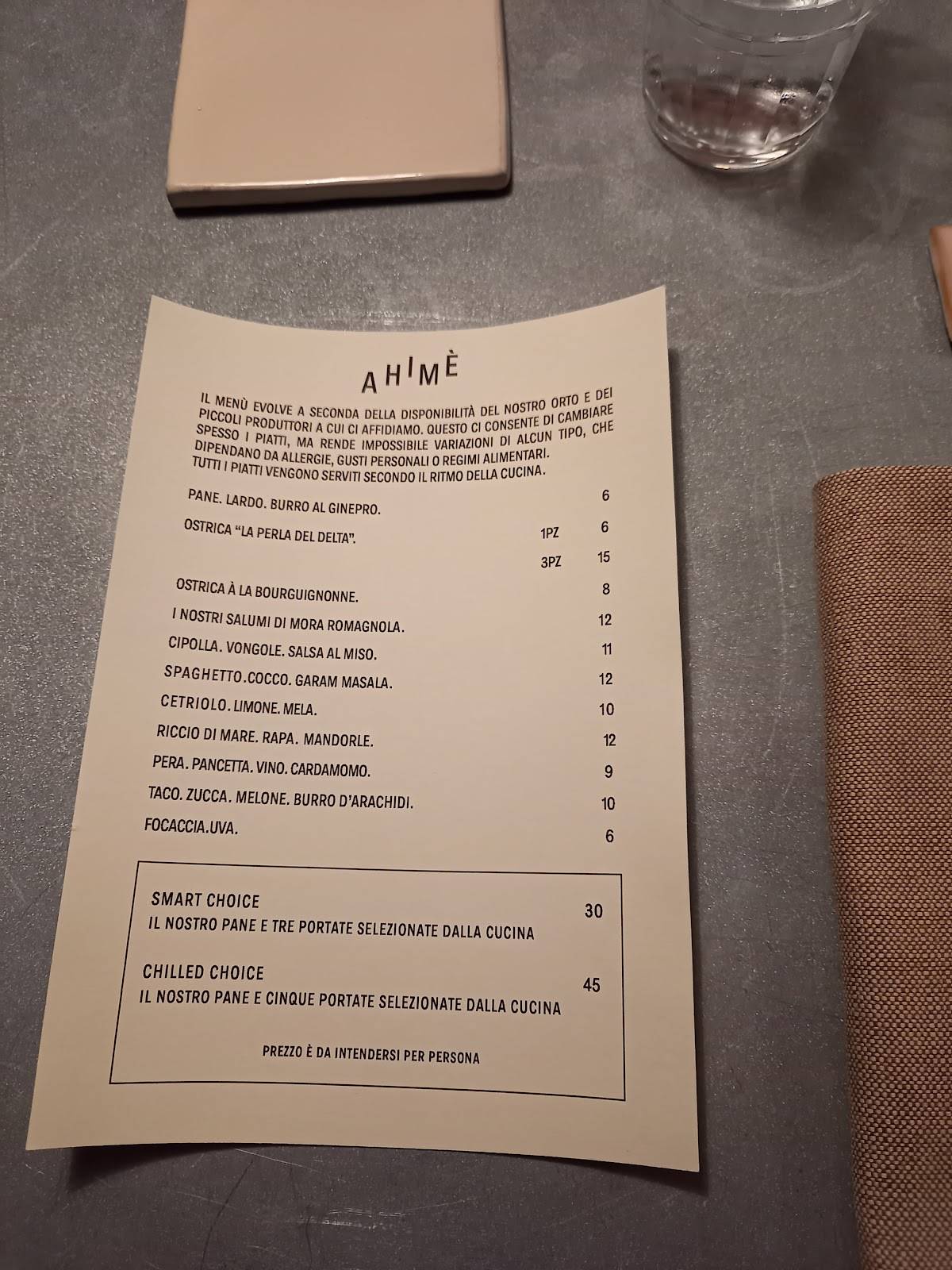 Menu at Ahimè restaurant, Bologna, Via S. Gervasio