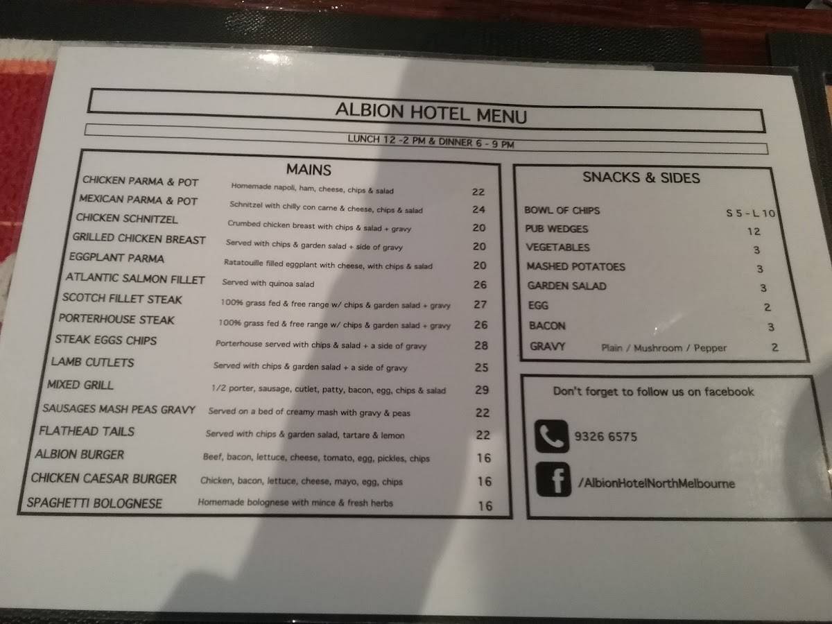Menu at Albion Hotel North Melbourne pub & bar, Melbourne, 171 Curzon St
