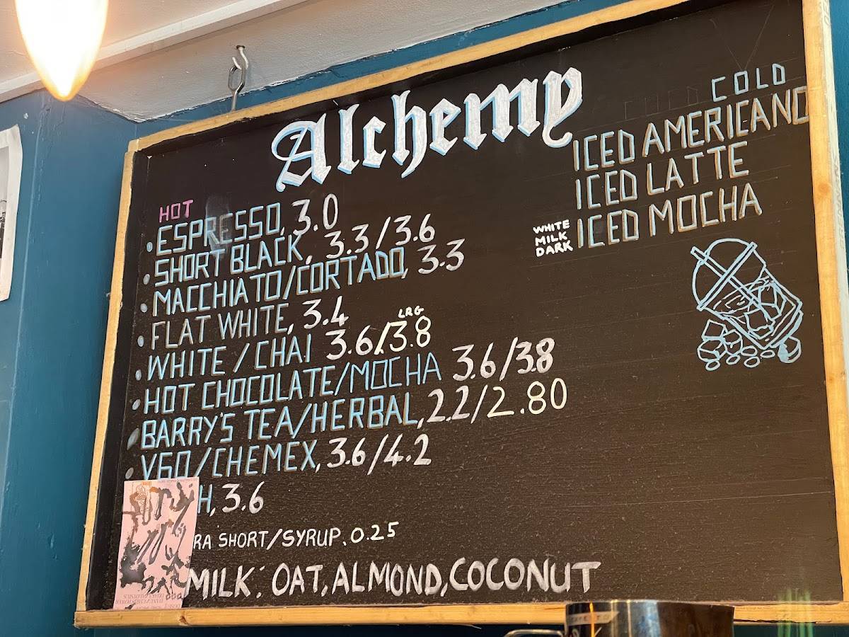 Menu at Alchemy Coffee and Bookstore cafe, Cork, 123 Barrack St
